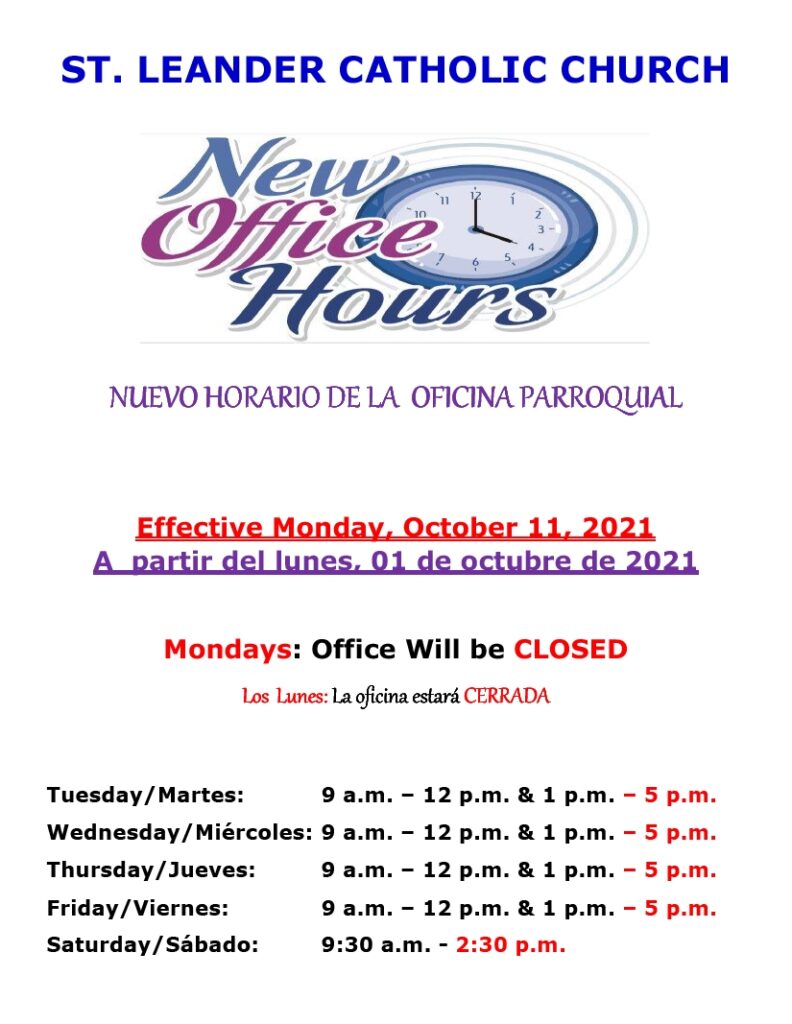New Parish Office Hours/Nuevo Horario de la Oficina Parroquial - St ...